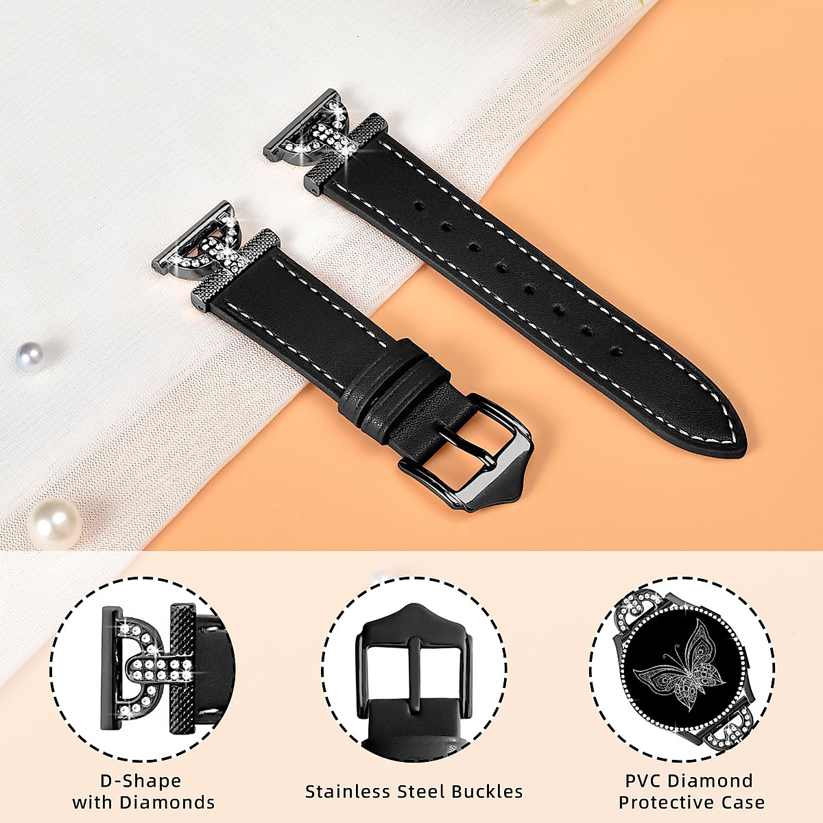 Shesyuki Luxury Genuine Watch Band with Case Compatible with Samsung Galaxy Watch 4&5 40mm 44mm，20mm Band with Glitter Screen Protector Case,Metal D-Shape Leather watch strap for Women