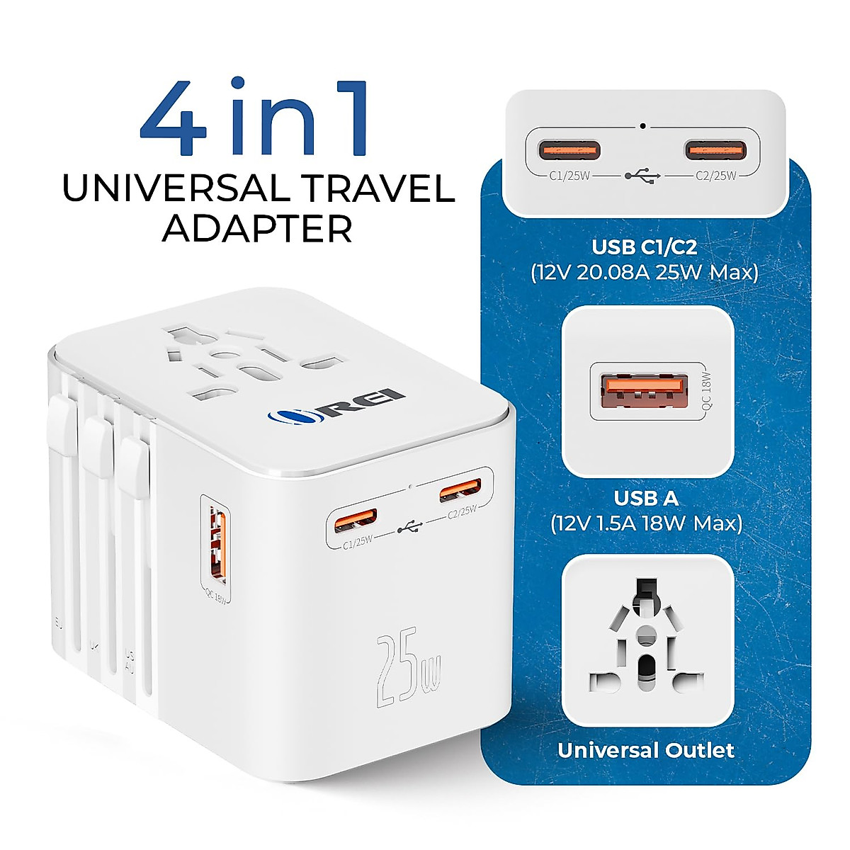 OREI 25Watt Universal Travel Adapter | 2 (USB C) 1 (USB A) 4-in-1 Universal Power Adapter | | Type C, A, G, I Compatible | Universal Chargers for All Devices compatible 150+ Countries
