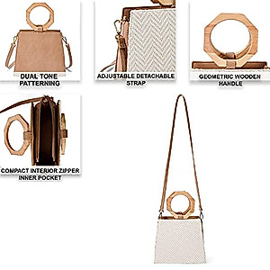 Like Dreams Women Straw Woven Vegan Leather Satchel Bag Wooden Top Handle Fashion Crossbody Purse (Cream)
