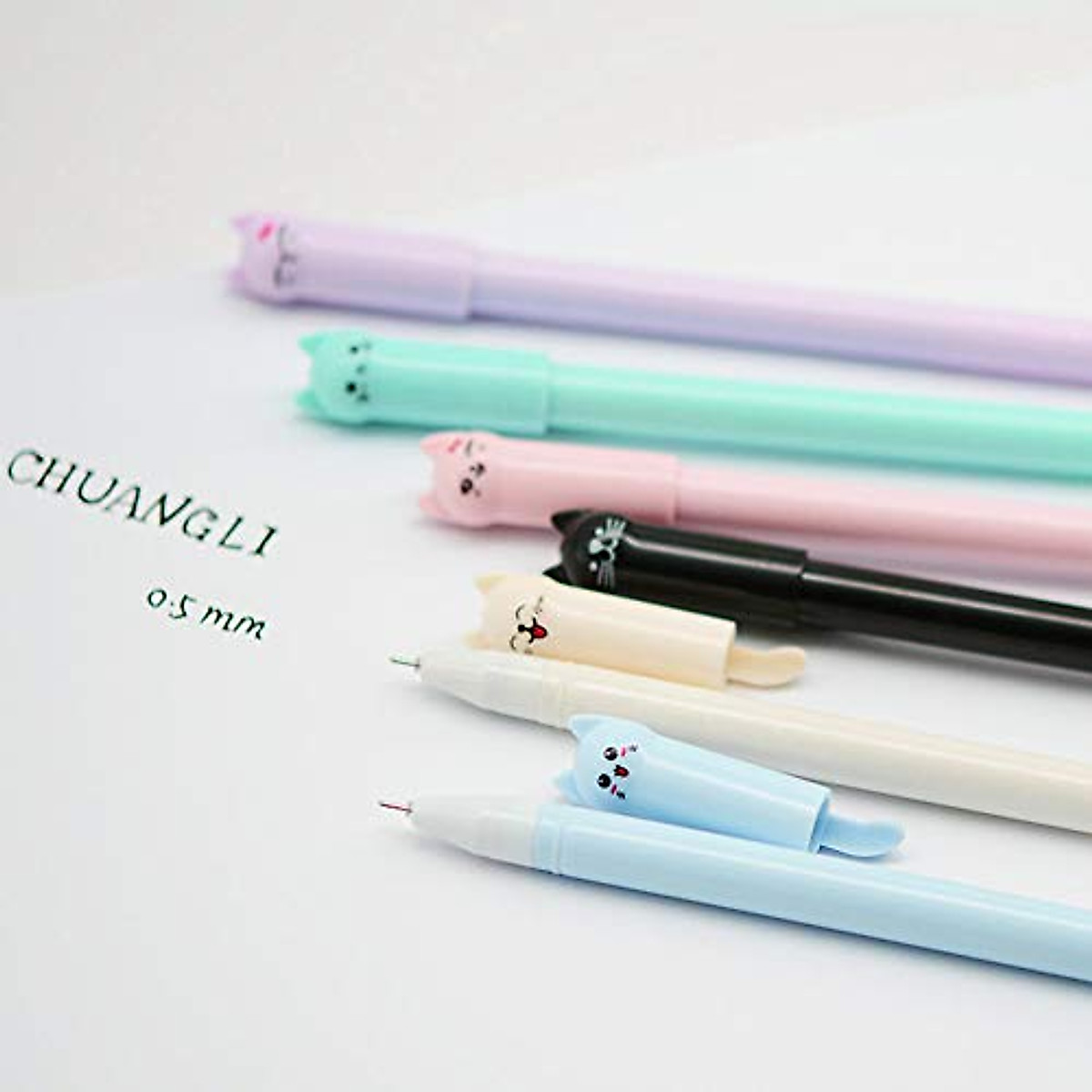 CHUANGLI 6PCS Cute Cat Pens Kawaii 0.5mm Black Ball Point Gel Pen for School Office Supplies
