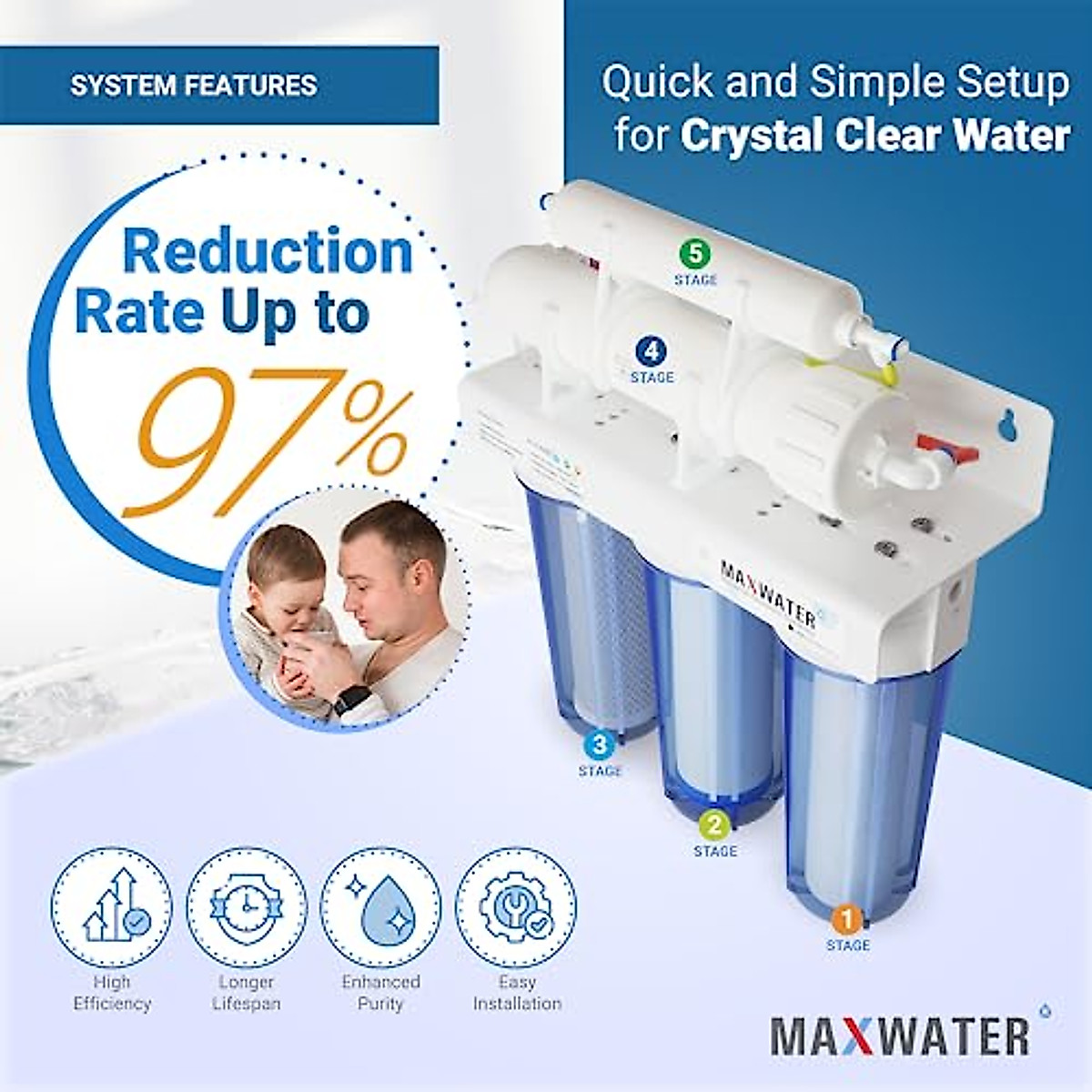 Max Water 5 Stage 100 GPD (Gallon Per Day) RO (Reverse Osmosis) Standard Water Filtration System for Heavy Duty - Under-Sink/Wall Mount - Model: RO-5C2