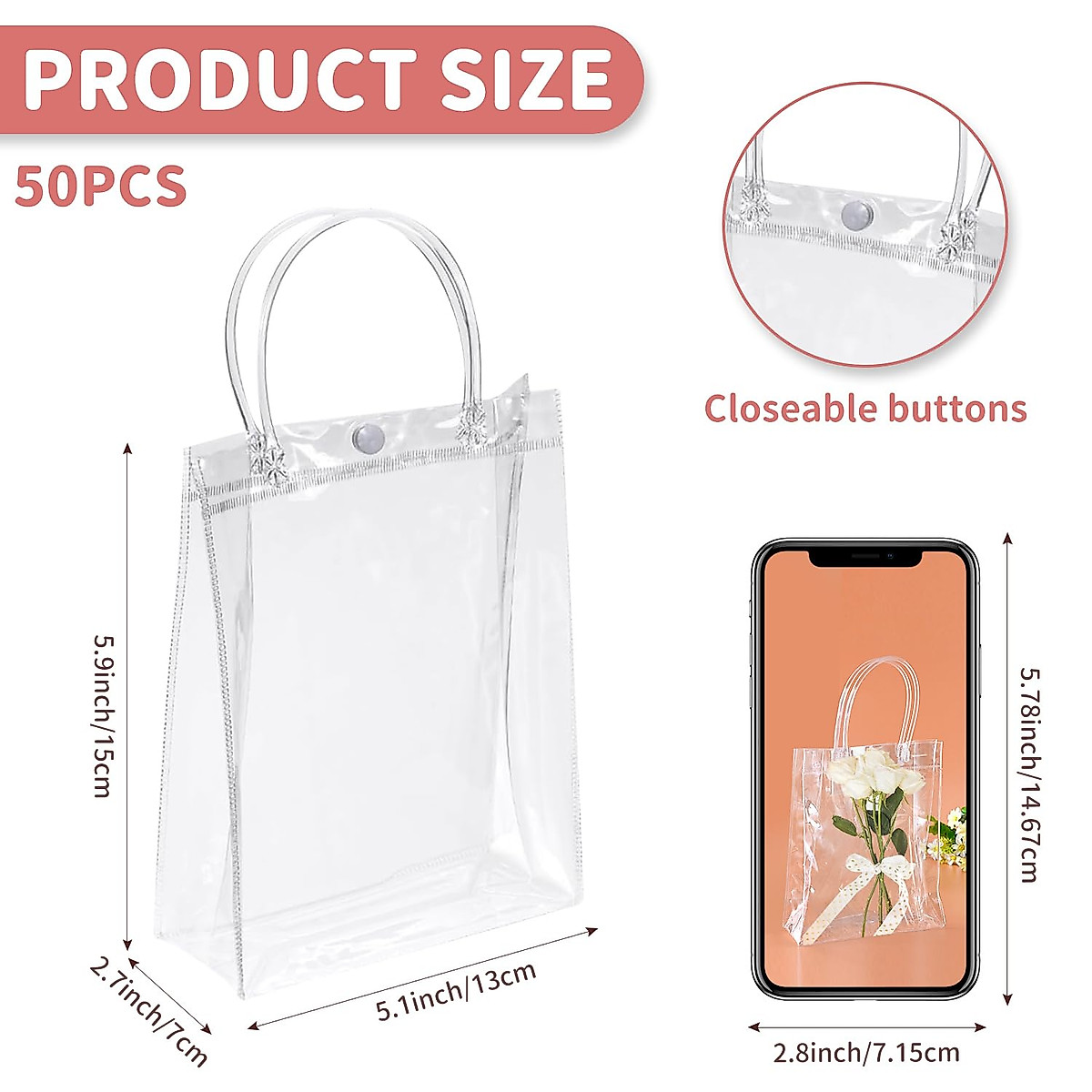 Clear Plastic Gift Bags with Handle, 50 Pcs Transparent Reusable Tote Bags Bulk Small Gift Wrap Candy Goodie Bags for Party Wedding Birthday Boutique Shopping School Baby Shower (5.1 x 5.9 x 2.7 Inch)