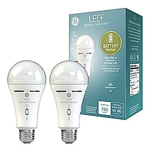 GE LED+ Light Bulb with Backup Battery , Rechargeable Emergency LED Light Bulb for Power Outages + Flashlight, A21 Standard Bulbs (2 Pack)