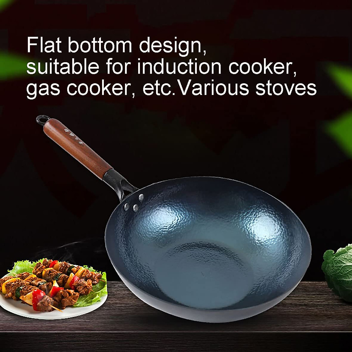 Chinese HandHammered Iron Woks and Stir Fry Pans, Flat Bottom wok，No Coating Non-stick, Suitable for all kinds of stoves (Diameter 30cm/11.81in)