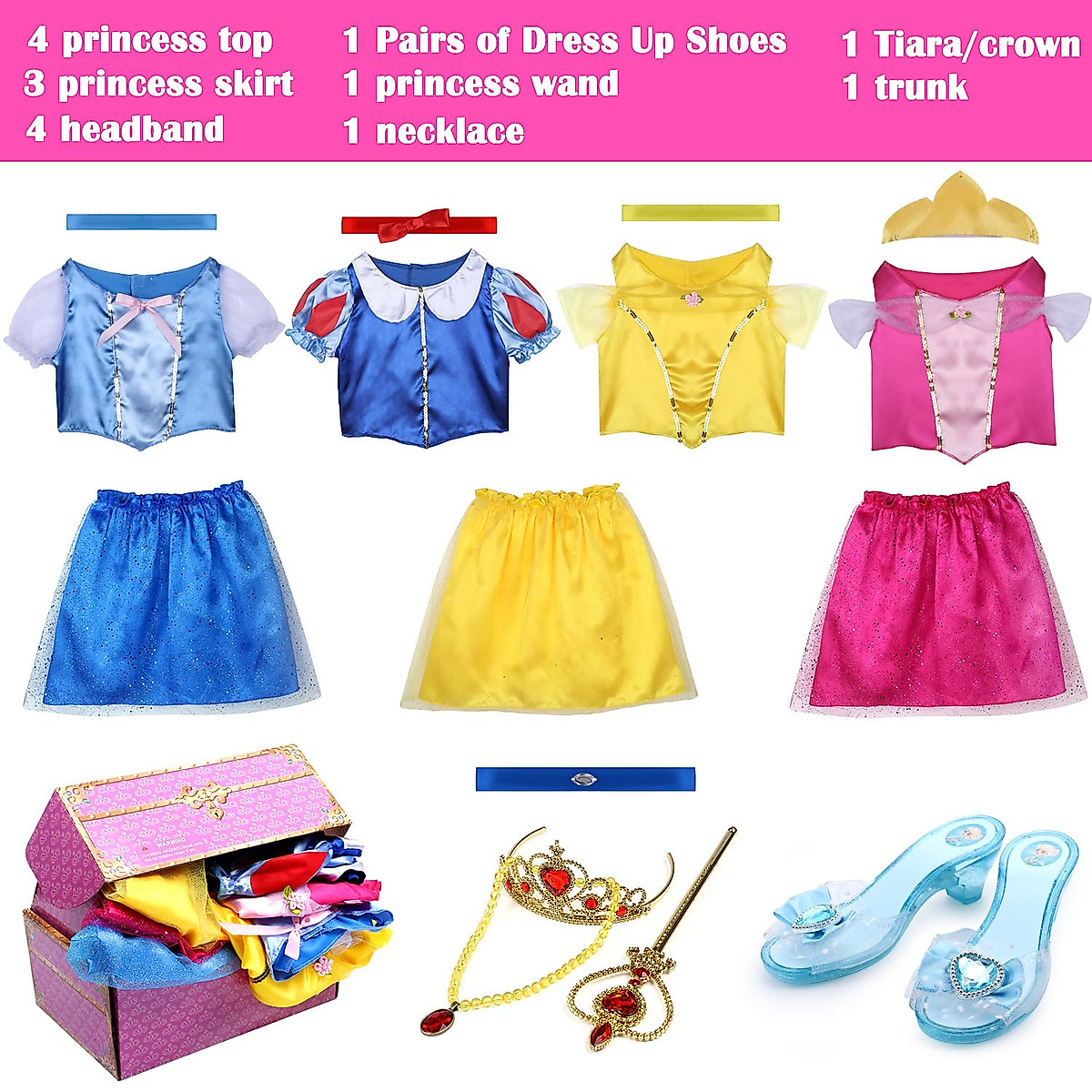Latocos 17 Pcs Girls Princess Dress Up Trunk Role Play Cosplay Set with Princess Shoes Crown Accessories Princess Costume for Kids Age 3-6 Years