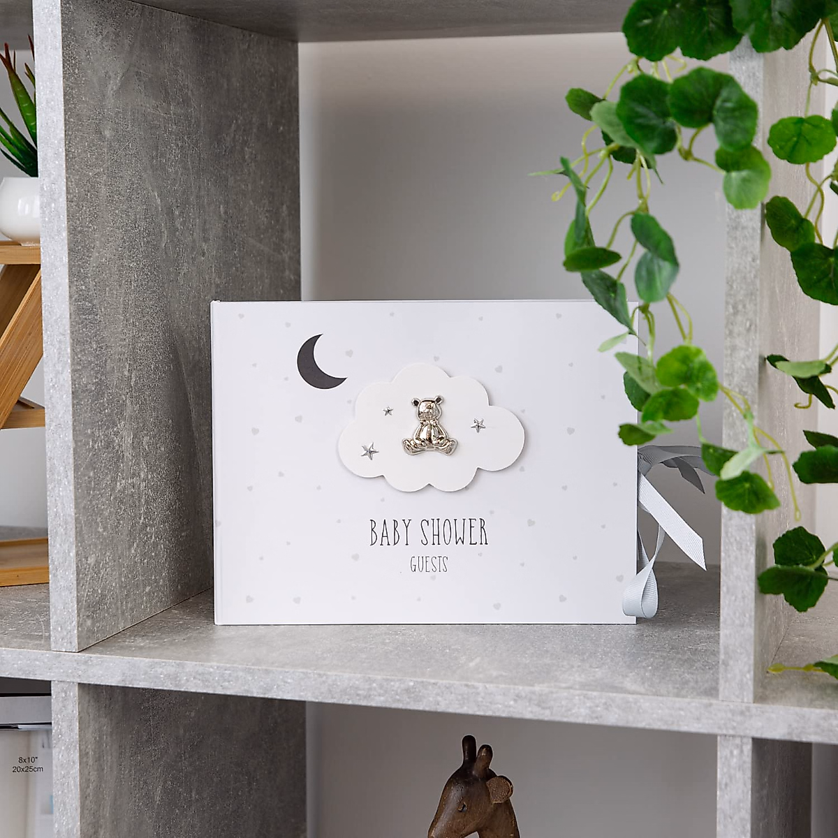 Happy Homewares Beautiful Ivory White Baby Shower Guest Book with Silver Plated Teddy Bear and Stars | 40 Lined Sheets | Luxurious Grey Fabric Ribbon