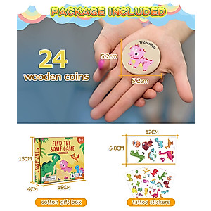 Protado Wooden Match Memory Game for Kids, 24Pc Memory Matching Cards with 5Pc Tattoo Stickers, Educational Memory Matching Game for Pre-Kindergarten Early Learning Development Kids-Dinosaur