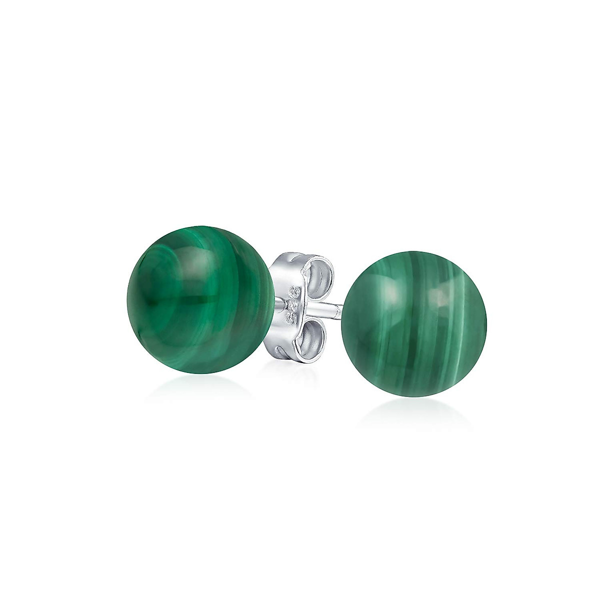 Simple Gemstone Green Malachite Round Ball Stud Earrings For Women .925 Sterling Silver 8MM