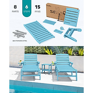 SERWALL Patio Chaise Lounge Chair Set of 2, 5 Positions Adjustable HDPE Outdoor Lounge Chair for Pool, Poly Lounge Chair with Rolling Wheels & Cup Holder for Poolside, Deck, Light Blue