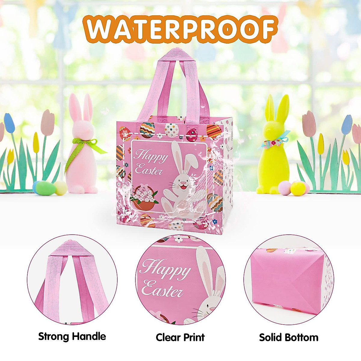Maetrin 24pcs Easter Bags with Handles, Small Easter Gift Bags for Kids Bulk Size 8 * 8 * 6inches, Premium Reusable Easter Tote Bags for Egg Hunt as Easter Egg Hunt Basket Bags or Easter Party Bags