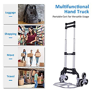 Stair Climbing Cart Portable Folding Hand Truck 165 lbs Weight Capacity Heavy-Duty Hand Cart Height Adjustable Aluminum Trolley with 6 Rubber Wheels & Bungee Cord Dolly for Moving, Luggage and Office
