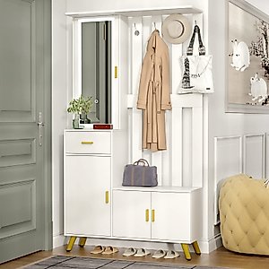 PAKASEPT Hall Tree with Bench and Shoe Storage, Farmhouse Entryway Bench with Coat Rack, Multi-Purpose Home Organizer, Sliding Barn Doors, Entryway Solution with Seating and Hooks