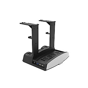EJGAME Vertical Stand Dual Charging Station with Suction Cooling Fan Compatible with PS5 Console and PS5 Digital Edition, Built-in Headset Holder,Media Remote Stand and13 Game Rack Organizer