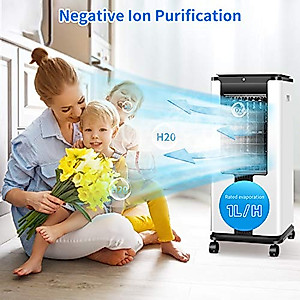 R.W.FLAME Air Cooler,Evaporative Air Cooler, 30IN Tower Fan, Built-in Ionizer,12H Timer,40°Oscillation,3 Modes&Speeds,LED Display, Remote Control with Ice Boxes for Home Office and Garage,White