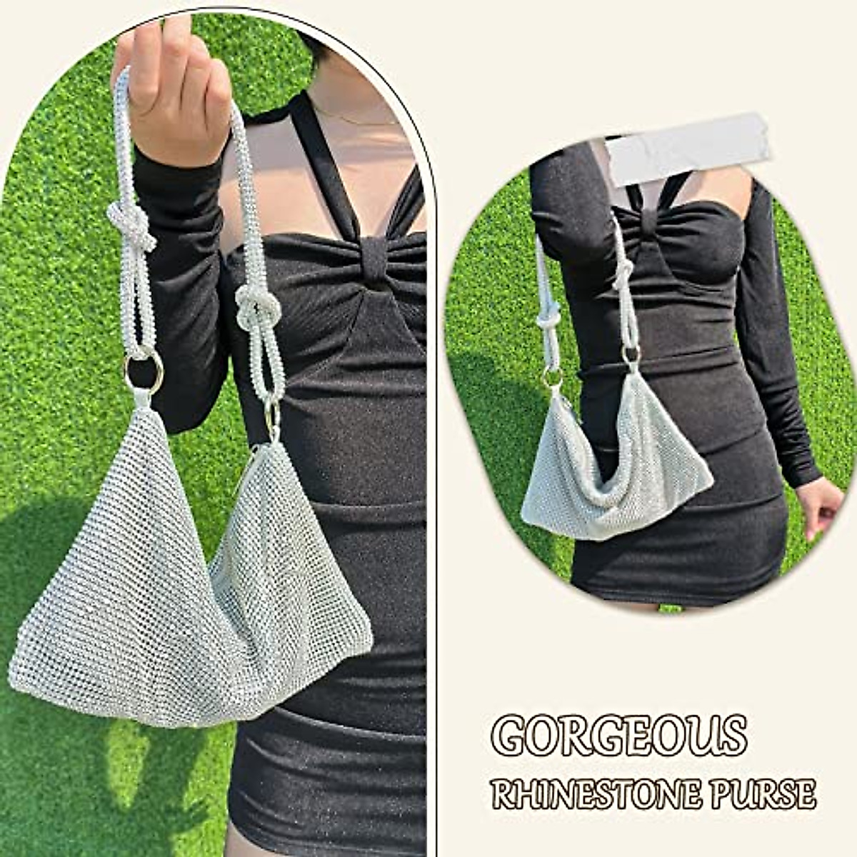 YUEARN Rhinestone Purse for Women, Sparkly Purse Evening Bag Bling Hobo Bag Shiny Silver Handbag for Clubs & Parties