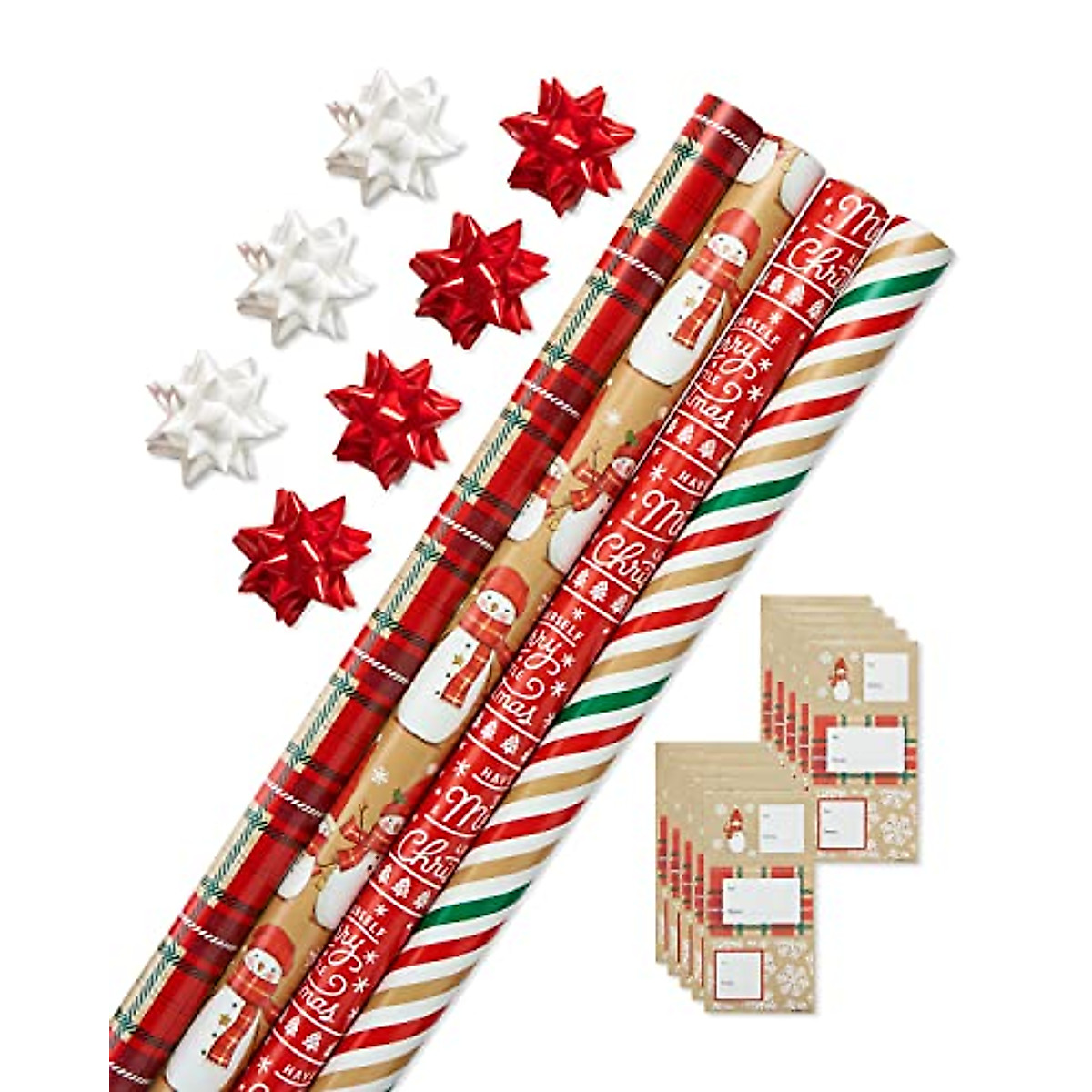American Greetings Christmas Wrapping Paper Kit - 4 Traditional Rolls with Gridlines, 7 Bows and 30 Gift Tags (41-Count, 120 sq. ft.)
