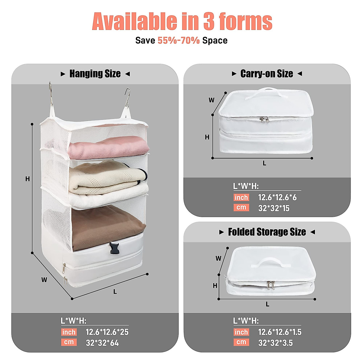 Twira Portable Hanging Travel Shelves Bags, Suitcase Organizer, Packing Cubes for Travel, Carry-On Closet Insert, Large Capacity Travel Bags Collapsible 4-Shelf Travel Closet (White)