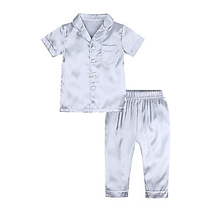 MYGBCPJS 2 Piece Kids Satin Pajamas Set Button-Down Sleepwear Loungewear PJS Shorts Sleeve Tops + Pants Silver-white