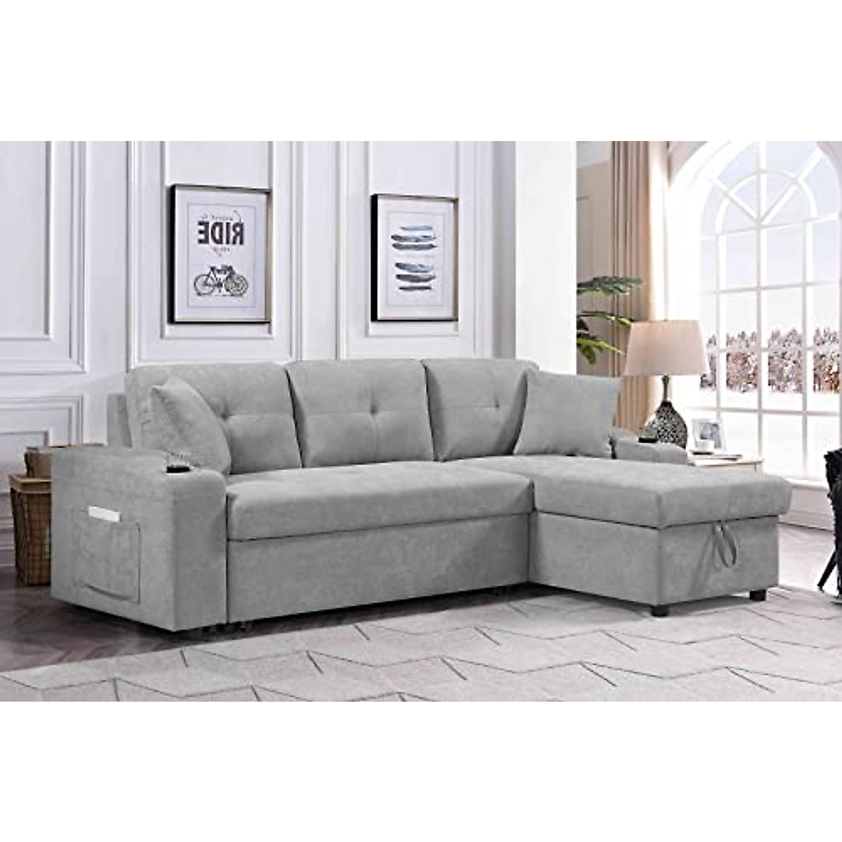 Cotoala L-Shape Sectional Sofa with Pull-Out Bed and Storage Space, Right Chaise Longue Convertible Sleeper Couch w/ 2 Cup Holders & Side Pockets, for Living Room, Apartment, 92", Gray