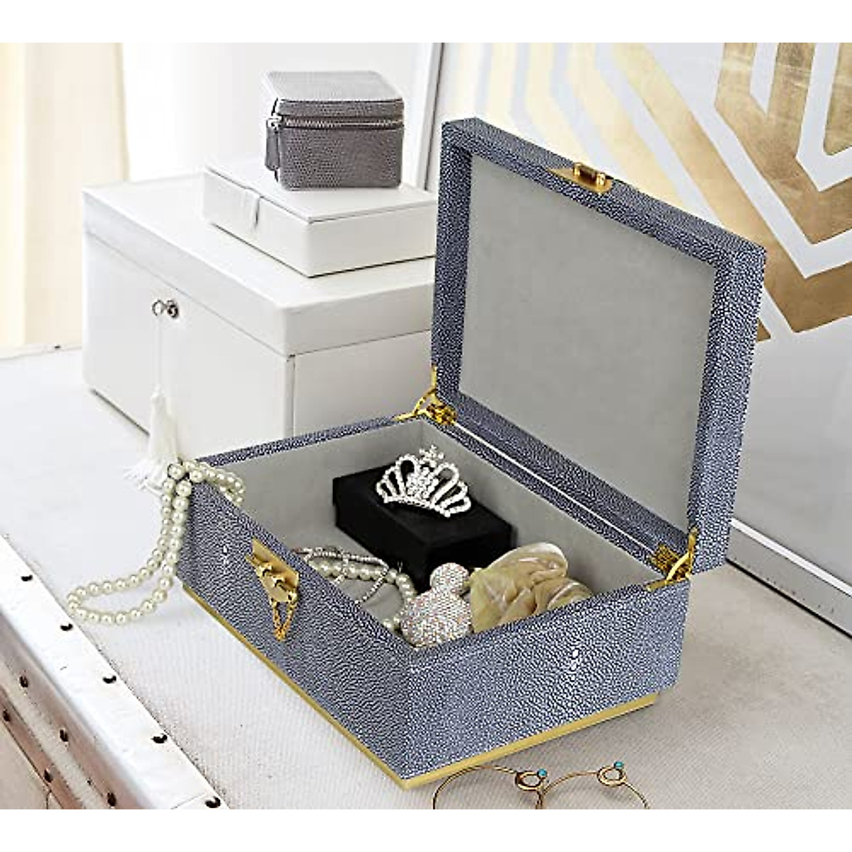 HofferRuffer Elegant Faux Leather Decorative Box, Storage Jewelry Box Organizer, Large Dresser Cosmetic Organizer Holder, Classic Jewelry Accessory Organizer, Grey Shagreen, 11x8x4.8 inches