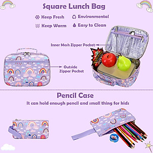 Rainbow Backpack for Girls, 3PCS Rainbow Backpack with Square Lunch Bag & Pencil Case Set for Girls, Large Capacity Kids School Bookbag Set for Preschool Kindergarten Elementary School
