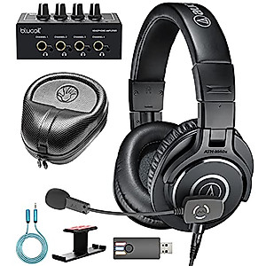 Audio Technica ATH-M40x Professional Studio Monitor Headphone Black Bundle with Antlion Audio ModMic Wireless, Blucoil 6' 3.5mm Extension Cable, Headphone Amp, Headphone Hook and Slappa Headphone Case