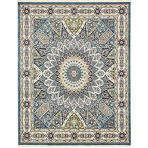 Unique Loom Narenj Collection Classic Traditional Textured Medallion Pattern Design Area Rug, 8 ft x 10 ft, Blue/Tan