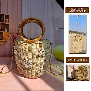 NIBD Flower Pearls Rattan Tote Bag Summer Beach Drawstring Straw Bucket Bag Diamonds Woven Handbag (D White)