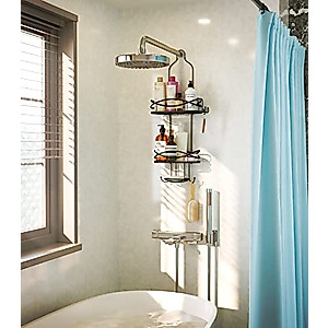 Bunoxea Anti-Swing Hanging Shower Caddy, Over Head Shower Caddy Extra-Large Rustproof with Hooks for Razors, Sponge and more, Metal Black