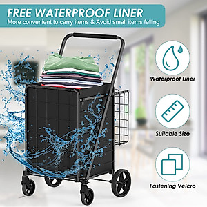 Shopping Cart for Groceries,Jumbo Upgraded Grocery Cart with Waterproof Liner, 360° Rolling Swivel Wheels and Double Basket, Heavy Duty Folding Shopping Cart for Shopping Laundry-Hold Up to 340 LBS