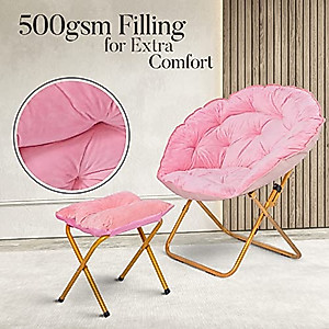 Rëlaxia Saucer Chair with Footrest | 31.5x31.5x31.5’’ | Fluffy Faux Fur Moon Chair with Steel Legs | Foldable Comfy Chair for Bedroom | Stylish Saucer Chairs for Adults and Kids - Pink