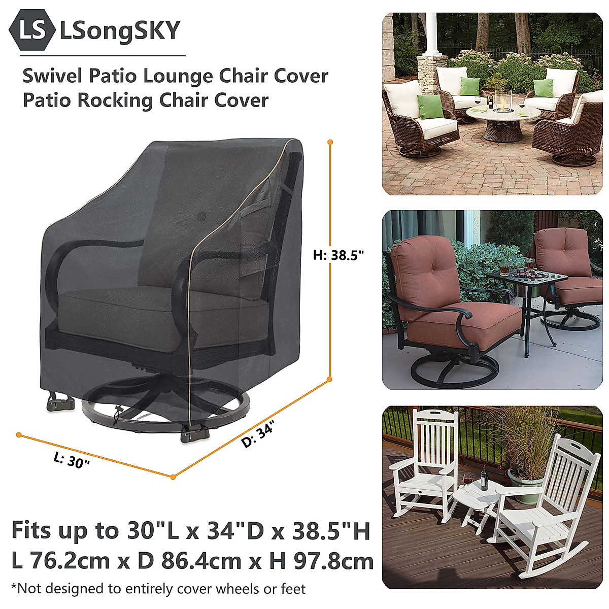 LSongSKY Outdoor Swivel Lounge Chair Cover 2 Pack,Waterproof Heavy Duty Patio Rocking Chair Covers for Outdoor Furniture,(30 W x 34 D x 38.5 H inches),Black