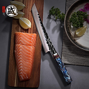 MITSUMOTO SAKARI 8 inch Japanese Kiritsuke Chef Knife, Hand Forged VG-10 Damascus Kitchen Knife, Professional Meat Sushi Chef’s Knife (Blue Resin Handle & Sandalwood Box)