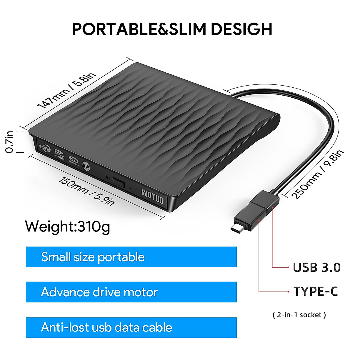 YOTUO External DVD Drive for USB 3.0 Type C, Portable DVD Write CD Burner RW ROM Optical Drive Player Reader Disk Disc with Laptop Desktop PC Windows 11/10/8/7, Mac Pro/Air MacBook, Linux (SY-IDD021)
