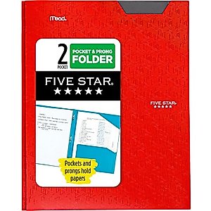 Five Star 2 Pocket Folder, Stay-Put Folder, Plastic Colored Folders with Pockets & Prong Fasteners for 3-Ring Binders, 8-1/2” x 11", Fire Red (72109)