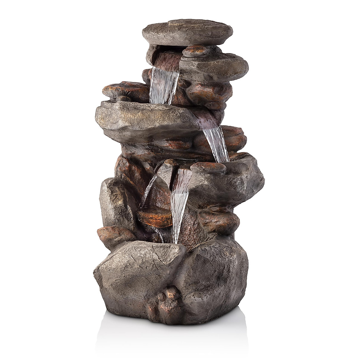 Alpine Corporation WIN316 Outdoor Floor 4-Tiered Rock Water Fountain for Garden or Patio with Natural Stone Look, 40", Light Gray