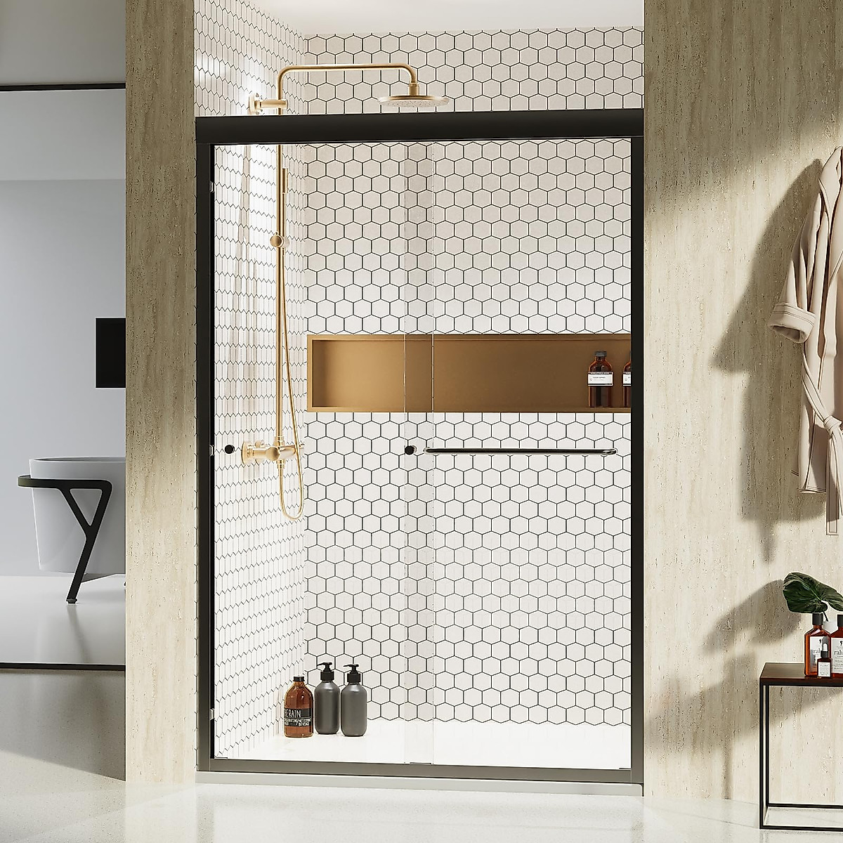 44-48 in. x 72 in. Sliding Shower Door, Adjustable Semi-Frameless Bypass Shower Door, 1/4" (6mm) Thick SGCC Tempered Glass Door, 304 Stainless Steel Hardware (Black)