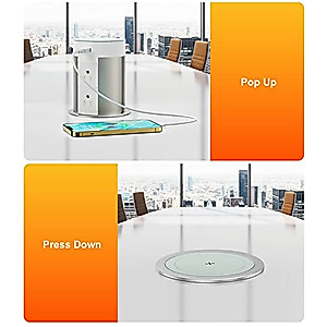 Automatic Pop Up Power Outlet with Wireless Charger, Retractable Recessed Power Strip, 4 AC Outlets and 2 USB Ports, Glass Finish, for Kitchen Countertops Office Table Workshop, White