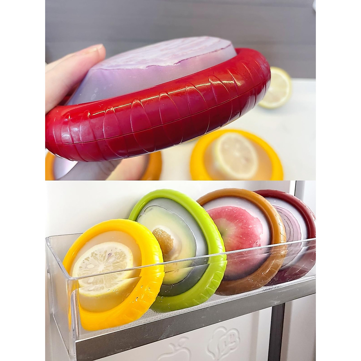 Taoddoe Silicone Avocado Saver Onion Storage, Set of 4 Reusable Fruit Containers for Fridge,Airtight Fresh Vegetable Keeper for Garlic, Onions, Lemon Freshness Box