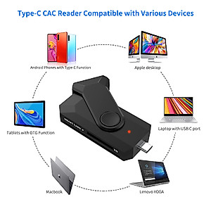USB C Smart Card Reader, CAC/DOD Military Multi Memory Card Reader Supports SD/Micro SD/SDHC/SDXC/MMC/TF and SIM Adapter/Writer, Compatible with Windows, Mac OS, Linux, Android