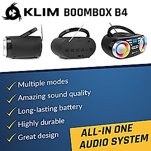 KLIM B3 Portable CD Player - New 2023 - FM Radio CD MP3 Bluetooth AUX USB RGB Lights - CD Boombox - Wired and Wireless Mode with Rechargeable Batteries - Upgraded CD Laser Lens - Digital EQ - Black