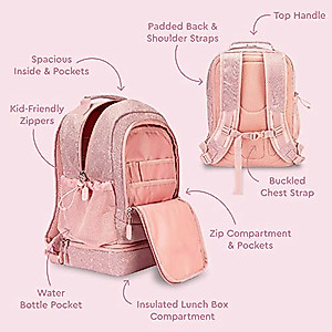 Bentgo® Kids 2-in-1 Backpack & Insulated Lunch Bag - Glitter Designed 16” Backpack for School & Travel - Durable, Water Resistant, Padded, & Large Compartments (Glitter Edition - Petal Pink)