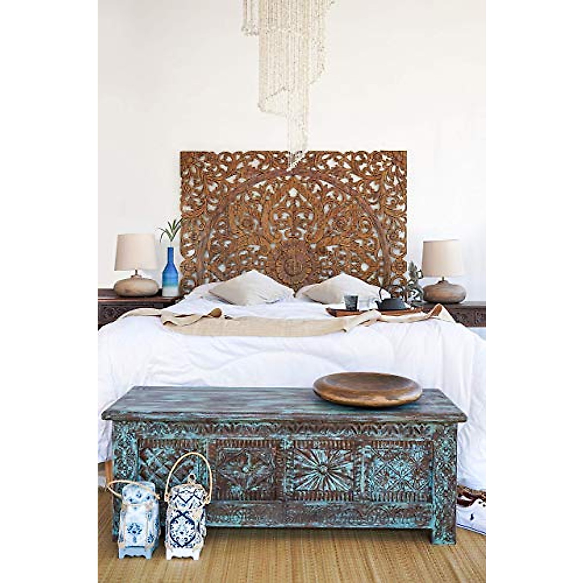 Balinese Hand Carved King Size Bed Headboard Reclaimed Wooden Panels Artwork Handmade Painted in Chiang Mai Thailand 72 Inches