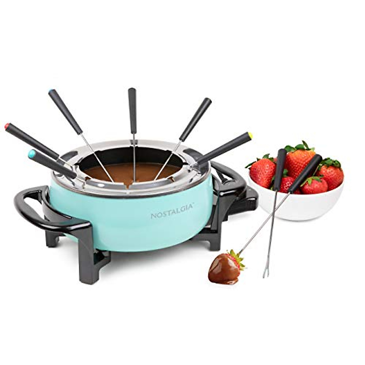 Nostalgia Electric Fondue Pot, 12-Cup, Fondue Machine with Temperature Control, 8 Forks, Cool-Touch Handles, Perfect for Chocolate Melting, Cheese, Caramel, Aqua