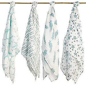 Adam & Elsa Baby Swaddling Blankets Organic Silky Soft Muslin Cotton Bamboo - Exclusive Prints - Boys & Girls Unique Gift Box - Unisex 4 Pack Oversized (Aqua Blue Wish Upon Star & Moon)