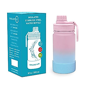 CHILLOUT LIFE 12 oz Kids Insulated Water Bottle for School with Leakproof Spout Lid and Cute Waterproof Stickers, Personalized Stainless Steel Thermos Flask Metal Water Bottle For Girls & Boys