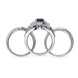 BERRICLE Sterling Silver 3-Stone Wedding Engagement Rings Simulated Blue Sapphire Round Cubic Zirconia CZ Halo Ring Set for Women, Rhodium Plated Size 8