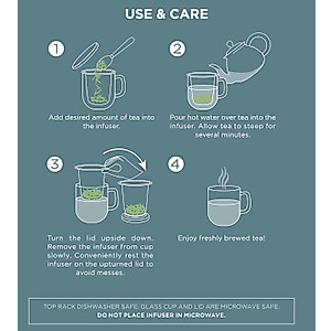 Teabloom Tea-For-One Steeping Mug – Insulated Double Wall Glass Mug (12 oz), Stainless Steel Infuser, Porcelain Lid/Coaster – Great For Brewing Loose Leaf Tea