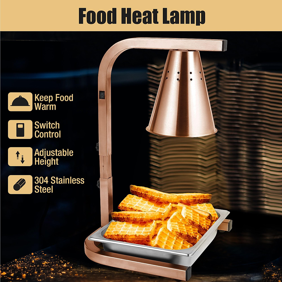 Restlrious Food Heat Lamp Freestanding Commercial Head Food Warmer, Gold Frame Stainless Steel 120V Electric Fan-Shaped Lampshade Food Heat Lamp with 250W Bulb & 1/2 Food Pan, for Buffet Food Service