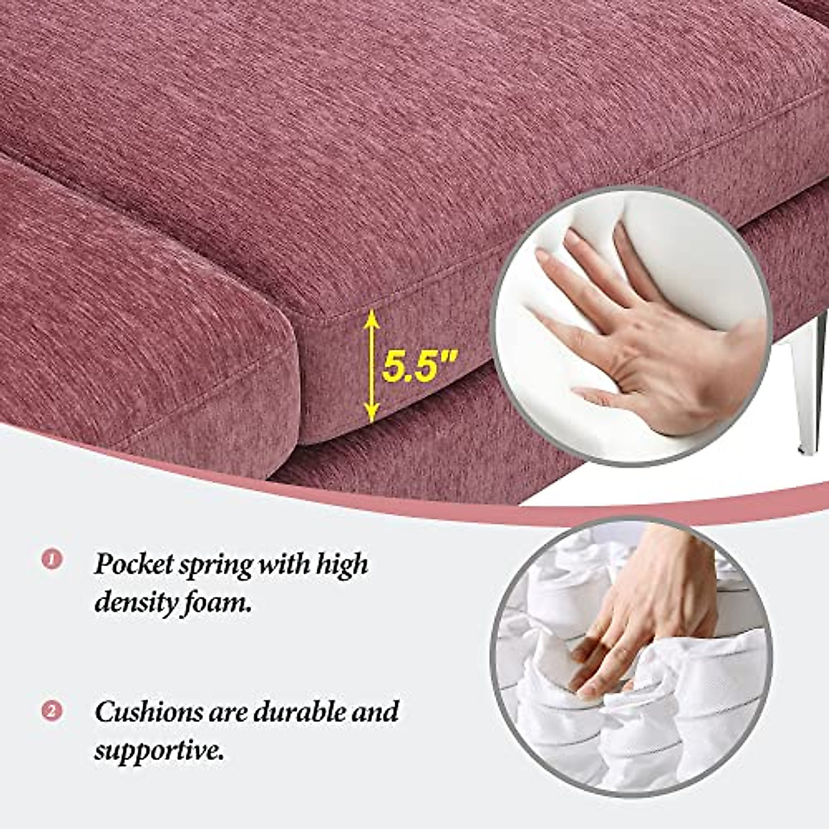 KoiHome 84" Convertible Sectional 2 Pillows, Modern Chenille L-Shaped Couch with Reversible Chaise Lounge, 3-Seater Sleeper Sofa, Fit for Living Room,Office,Apartment, Polyester, Pink